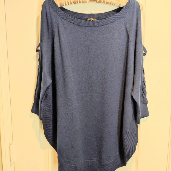 Express | Tops | Round Bottom 34 Braided Sleeve Blue Sweaterm | Poshmark